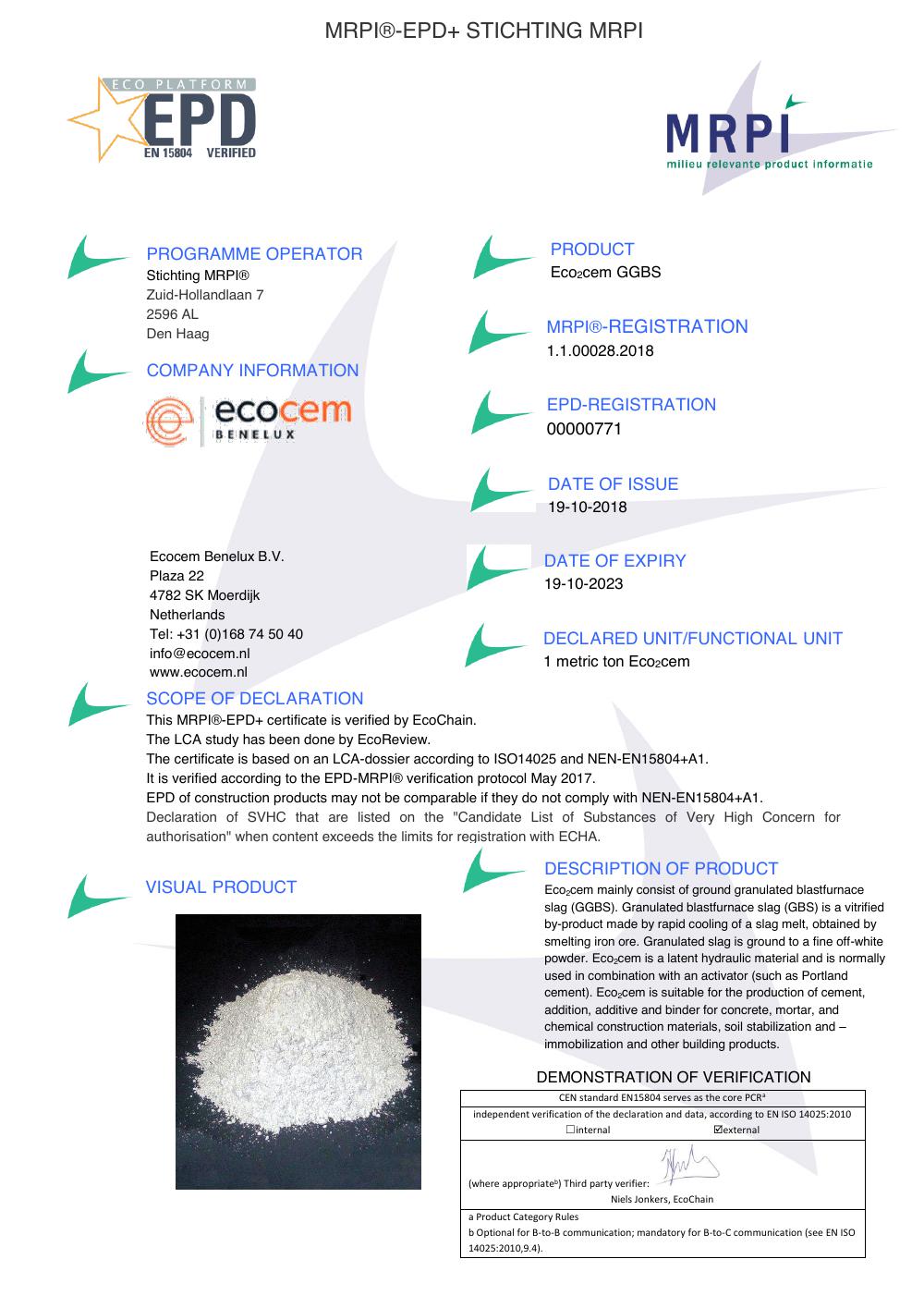Ecocem Benelux B.V. - Eco2cem GGBS - Milieu Relevante Product Informatie
