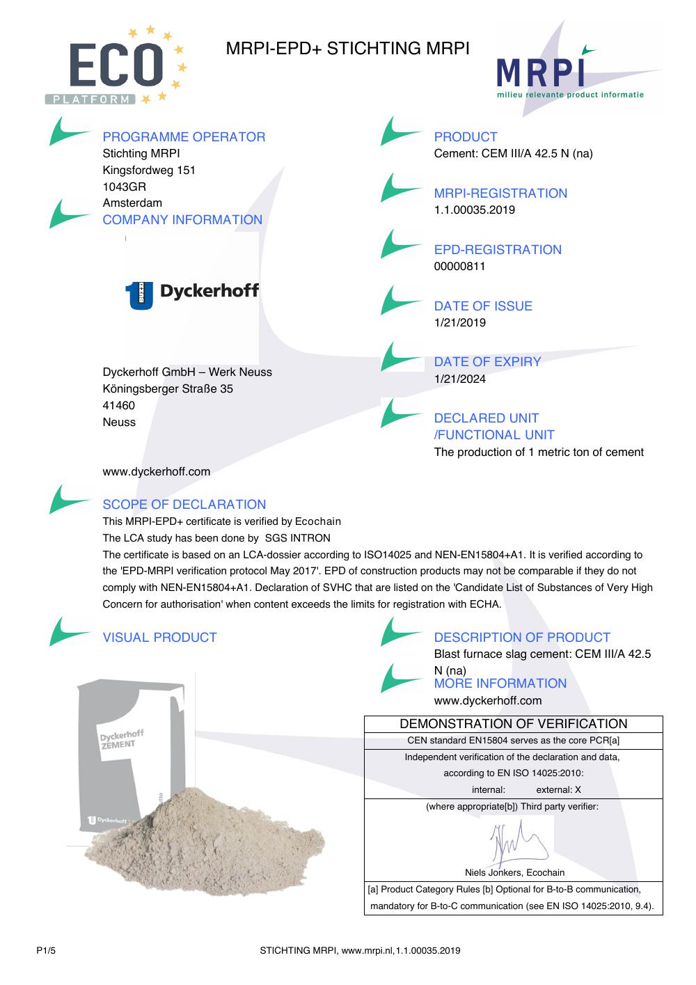 Dyckerhoff GmbH Neuss - Cement: CEM III/A 42.5 N (na) - Milieu ...