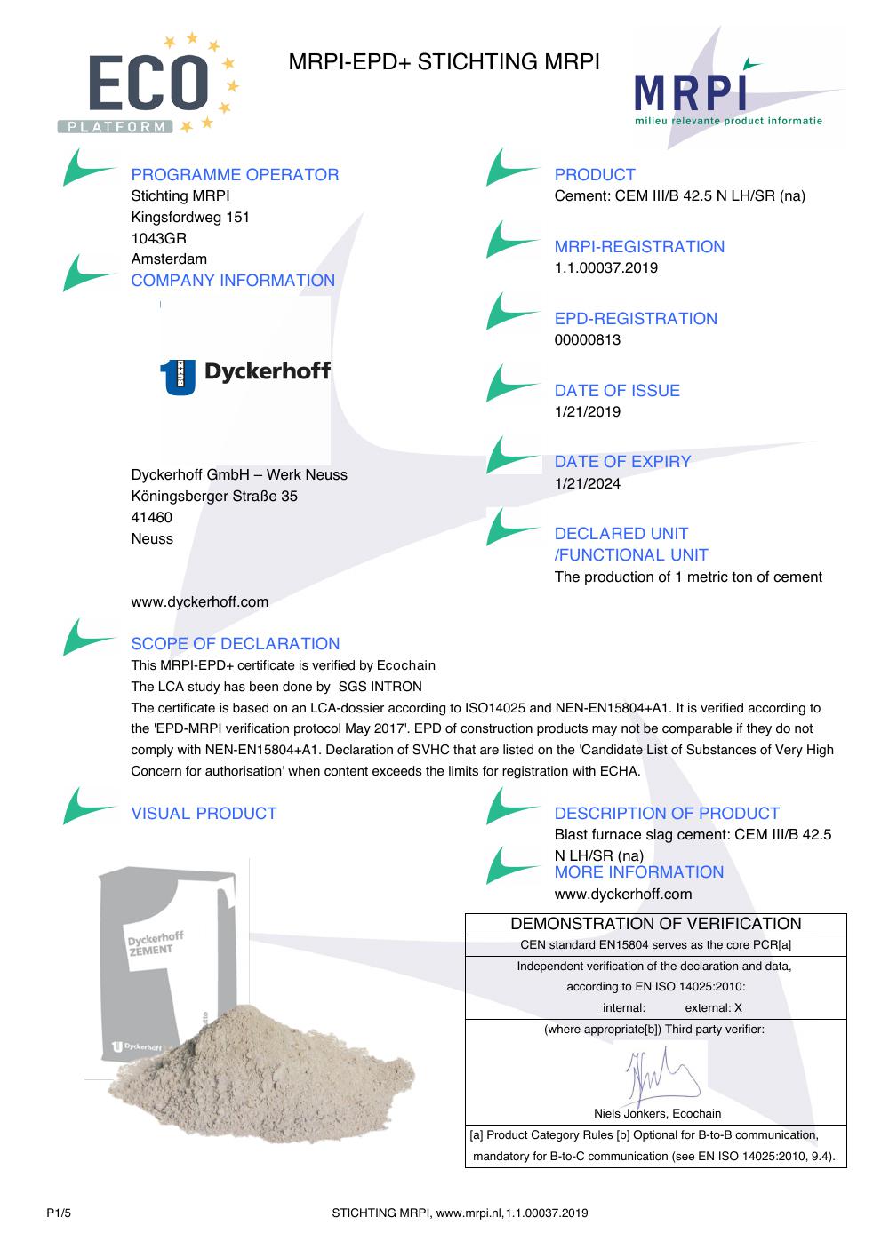Dyckerhoff GmbH Neuss - Cement: CEM III/B 42.5 N LH/SR (na) - Milieu ...