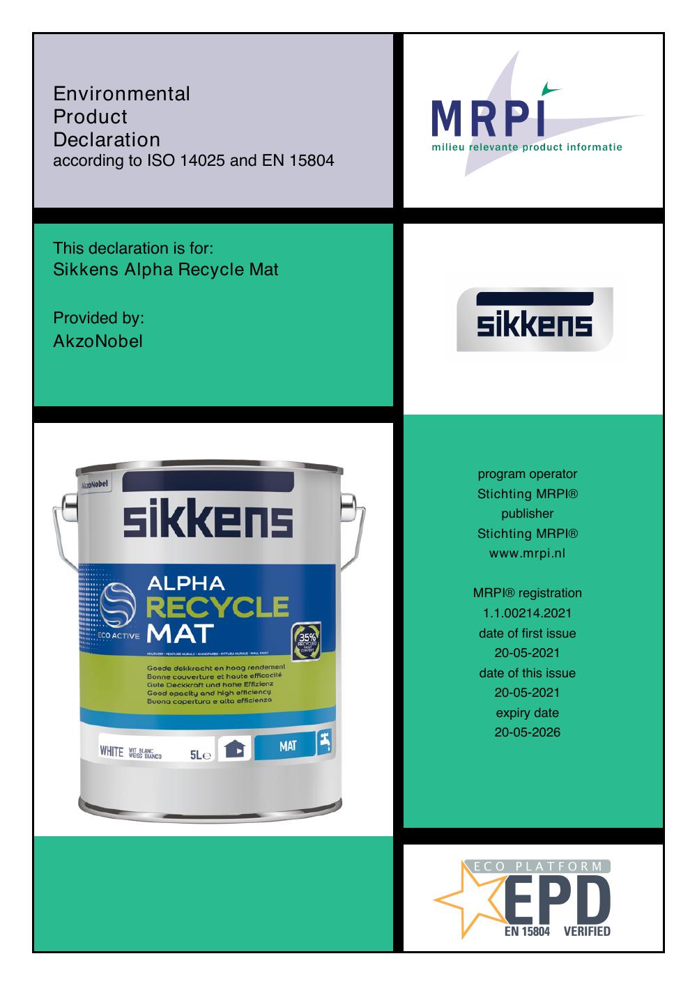 AkzoNobel - Sikkens Alpha Recycle Mat - Milieu Relevante Product Informatie