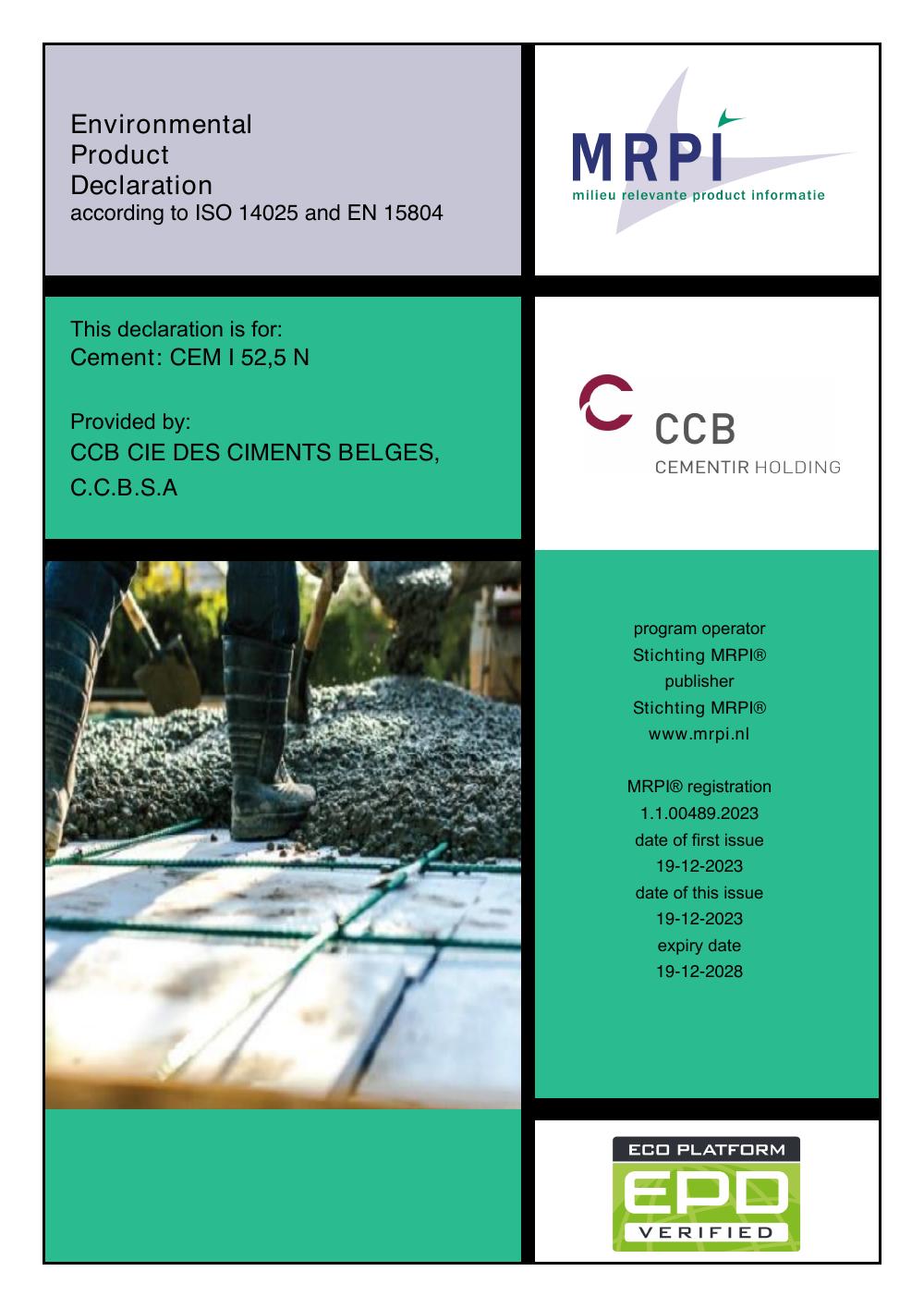 CCB CIE DES CIMENTS BELGES, C.C.B.S.A - Cement: CEM I 52,5 N - Milieu ...