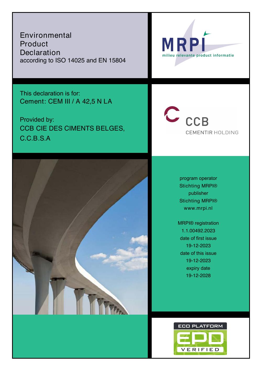 CCB CIE DES CIMENTS BELGES, C.C.B.S.A - Cement: CEM III / A 42,5 N LA ...